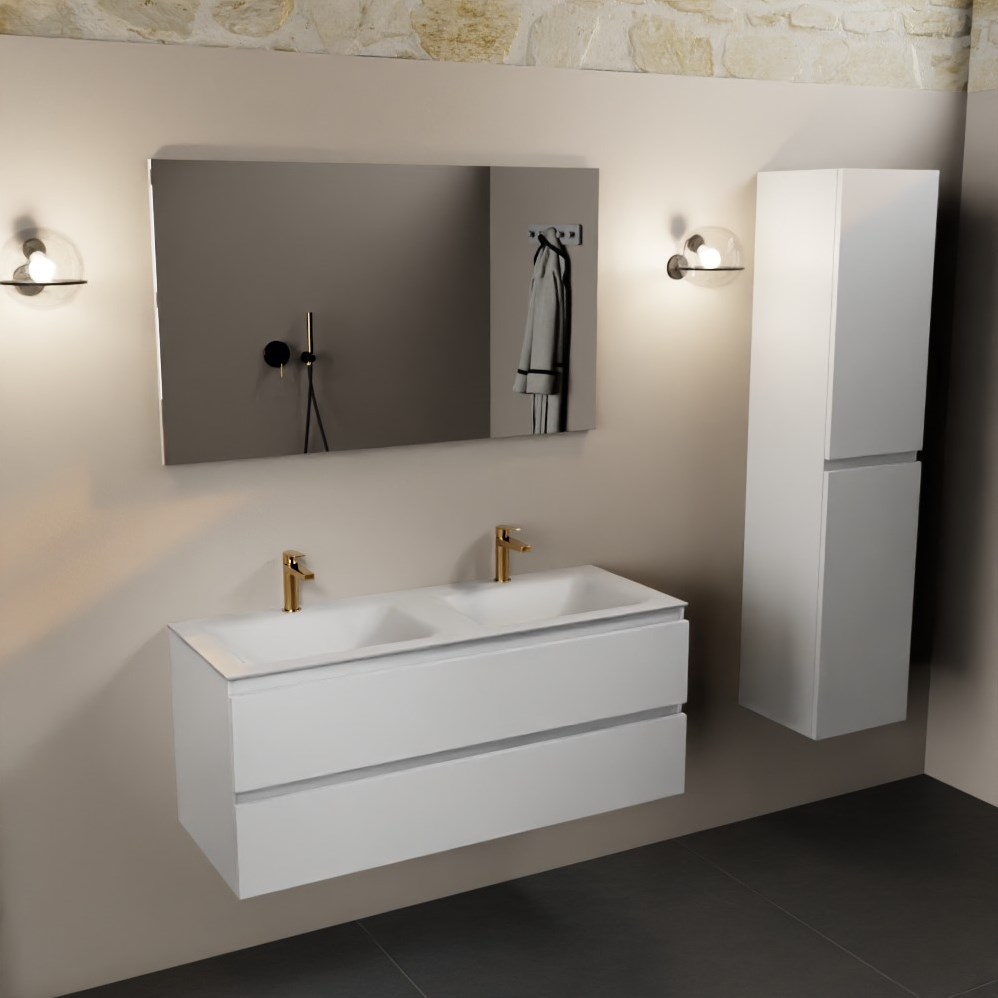AIVY 120cm badmeubel Talc, wastafel Talc solid surface dubbel 2 kraangaten
