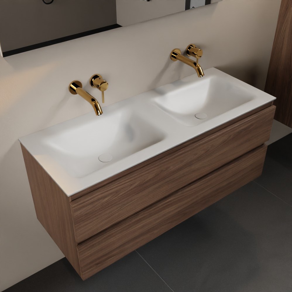 AIVY 120cm badmeubel Mocha, wastafel Talc solid surface dubbel zonder ...