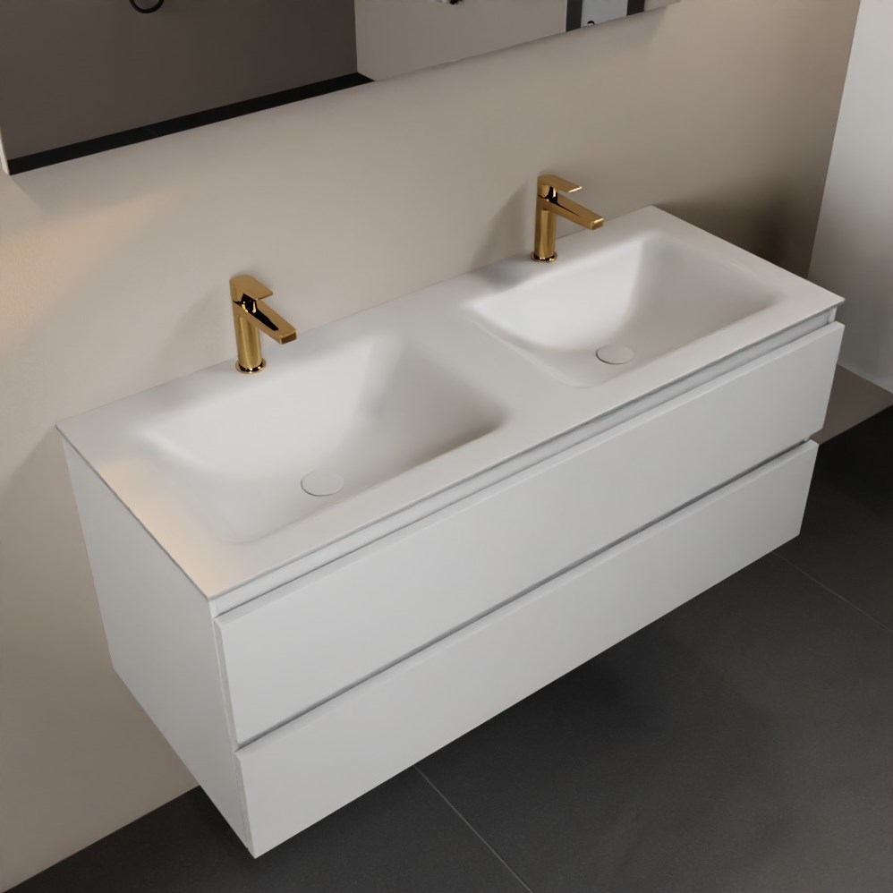 AIVY 120cm badmeubel Talc, wastafel Talc solid surface dubbel 2 kraangaten