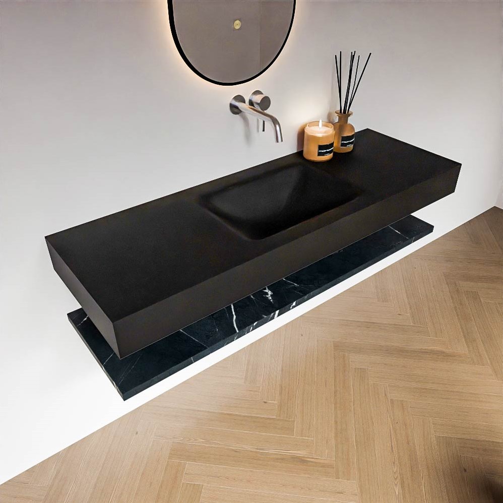ALAN 140cm bathroom vanity Melamine shelf Marquina. Wall mounted sink ...