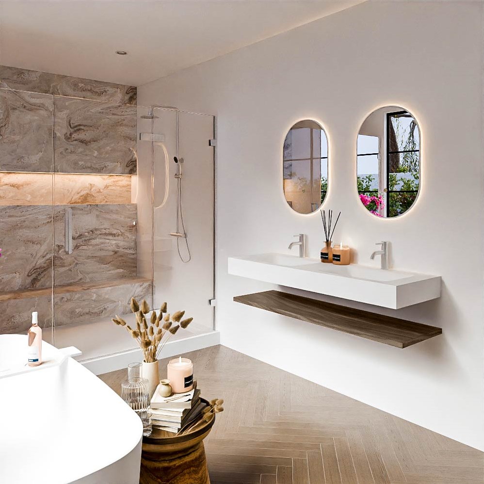 ALAN 140cm bathroom vanity Melamine shelf Mocha. Free hanging sink CLOUD Double 2 tab holes color